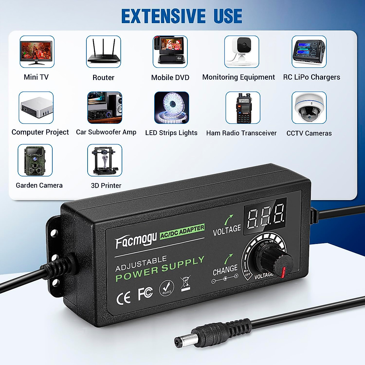 Facmogu 3V-12V 5A 60W Adjustable Power Supply with LED Display, Variable DC 3V 5V 6V 9V 12V Universal AC/DC Adapter, 100V-240V AC to DC 3-12V Switching Power Converter Multi-Voltage Regulated Adaptor