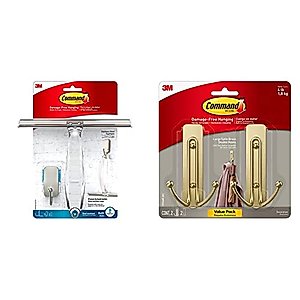 Command Bath Shower Small Water-Resistant Adhesive, Satin Nickel, 1 lb Capacity, 1 Squeegee & Large Wall Hooks, Damage Free Hanging Wall Hooks with Adhesive Strips, No Tools Double Wall Hooks