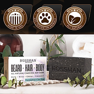 Bossman Men’s Bar Soap 4-in-1 – All Natural Organic Beard Wash, Shampoo, Body Wash, Shaving and Bath Soap - Essential Beard Care (4oz), Scent- Eucalyptus and Tea Tree