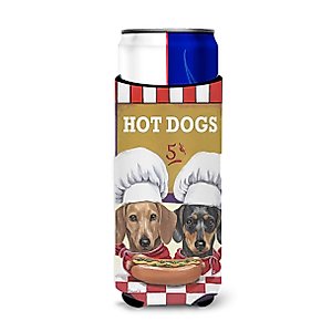Caroline's Treasures PPP3083MUK Dachshund Hot Dog Stand Ultra Hugger for Slim cans Can Cooler Sleeve Hugger Machine Washable Drink Sleeve Hugger Collapsible Insulator Beverage Insulated Holder