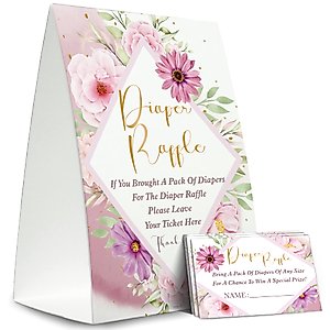 Diaper Raffle Sign,Diaper Raffle Baby Shower Game Kit (1 Standing Sign + 50 Guessing Cards),Greenery Blush Pink Floral Insert Ticket,Baby Showers Decorations,Card for Baby Shower Game to Bring a Pack of Diapers-XN13