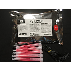 Glow Sticks Bulk Wholesale, 25 6” Industrial Grade Red Light Sticks. Bright Color, Glow 12-14 Hrs, Safety Glow Stick with 3-Year Shelf Life, GlowWithUs Brand