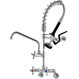 YooGyy Commercial Wall Mount Kitchen Sink Faucet Pre-Rinse Device 26" Height 4'' to 8'' Center with Spring Pull Down Sprayer and 10" Add-on Spout，Brass Constructed Polished Chrome