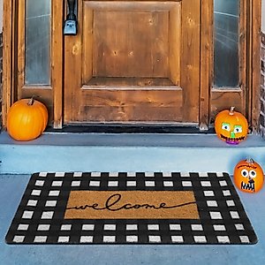 Yuefunny Christmas Welcome Front Door Mats Buffalo Plaid Doormat Decor 17" x 30" Home Entrance Doormat Non Slip Artificial Coir Doormat Indoor Outdoor Front Door Rug for House Porch Outside(Welcome)