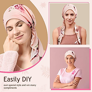 Halfchet 4 Pieces Chemo Headwear for Women Cancer Hats Pre Tied Chemo Caps Soft Cotton Elastic Head Scarf for Cancer Patients (Floral Pattern)