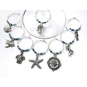 Caribbean Beach Themed Wine Charms, Gift for Island Beach Getaway, beach themed, Tropical Vacation, Summer by the Sea, Set of 8. SEA GLASS BEADS.