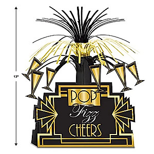 Beistle 2 Piece Roaring 20' Table Centerpiece Decoration 1920’s Champagne Pop Gatsby Theme Party Supplies, 13", Black/Gold/White