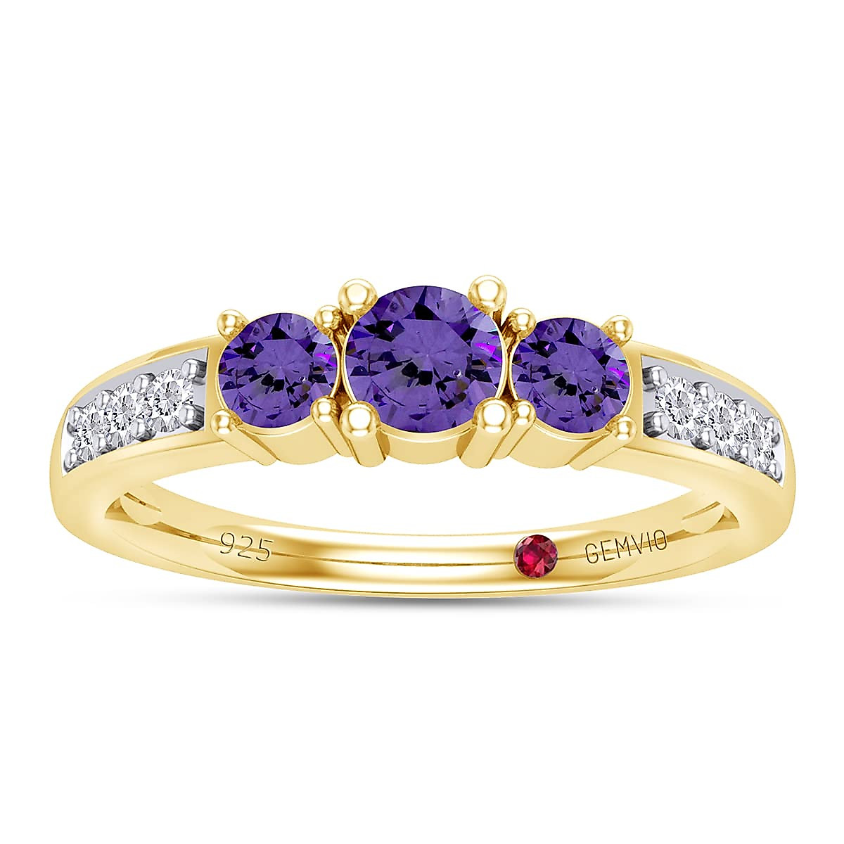 GEMVIO Collection 3 Stone Ring, Round Cut Natural Amethyst Gemstone & Natural Diamond Engagement Ring In 14K Yellow Gold Over Sterling Silver Anniversary Wedding Band Ring (0.40 Cttw)-6