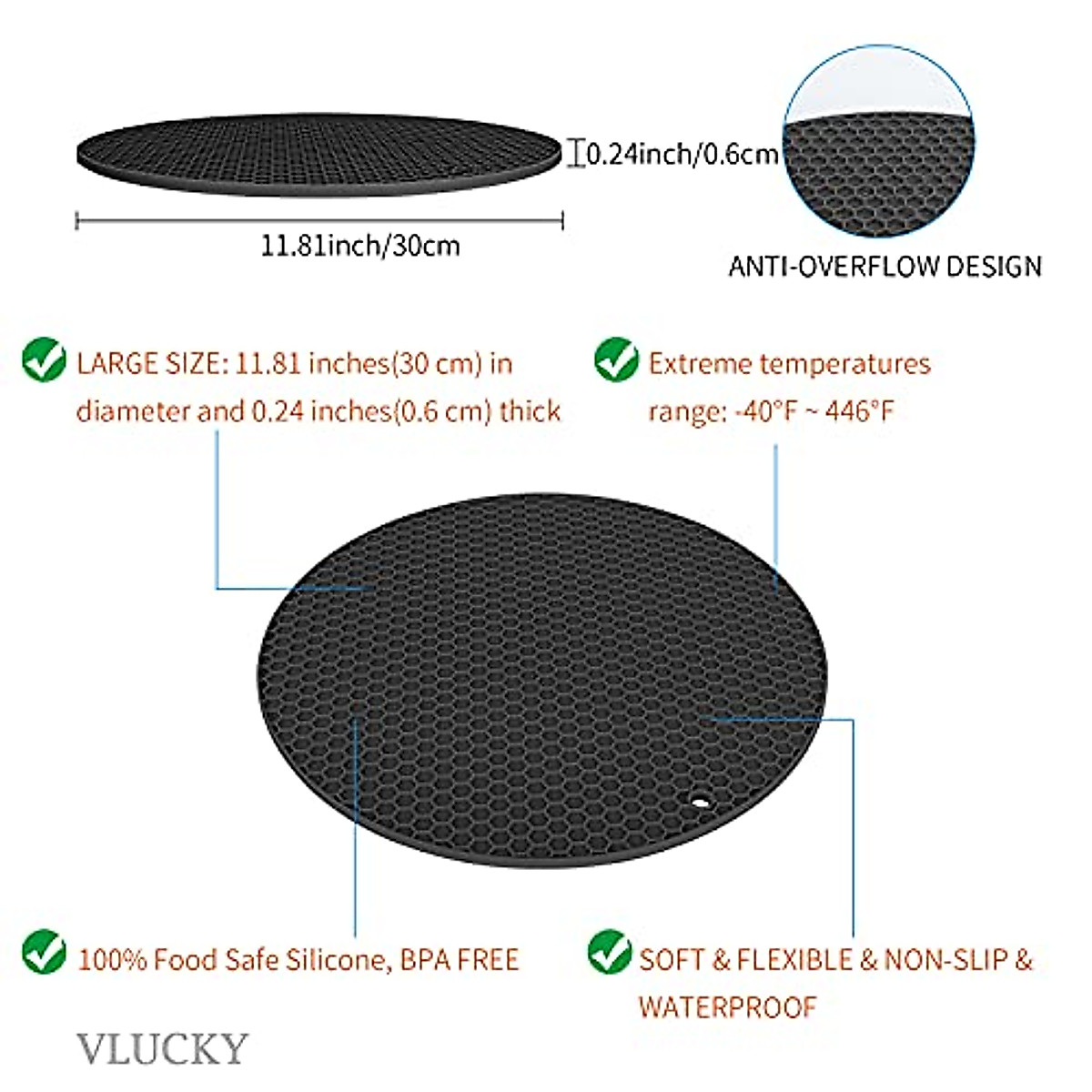 VLUCKY 2 Pack Silicone Trivet Mats, 11.8" Inch Diameter, Heat Resistant Trivet, Durable & Flexible Hot Pot Holder Hot Pads, Microwave Mat, Drying Mat, Non-Slip Jar Opener, Utensil Rest (Black)