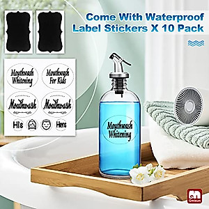GMISUN Mouthwash Dispenser, 2 Pack 16oz Glass Mouthwash Decanter for Bathroom, 2 Refillable Mouthwash Bottles Container, 3 Pour Spouts, 2 Reusable Mouthwash Cups, Preprinted Labels and Funnel