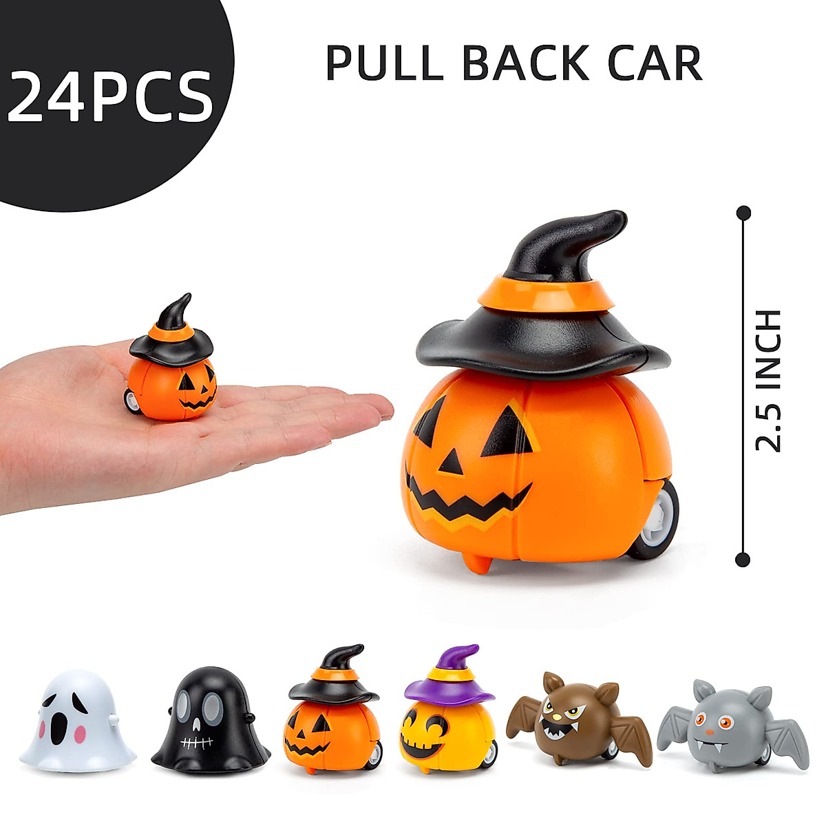3 otters Halloween Pull Back Cars, 24PCS Tiny Car Toys Friction Powered Cars for Racing Kids Halloween Party Favors Gifts Fillers, Halloween Treats Prizes
