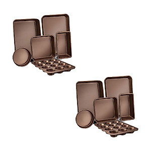 NutriChef Kitchen Oven Non Stick Carbon Steel Tray Sheet 6 Piece Bakeware Set with Cookie Tray, Cake Pan, Muffin Pan, and Bread Loaf Pan Gold (2 Pack)