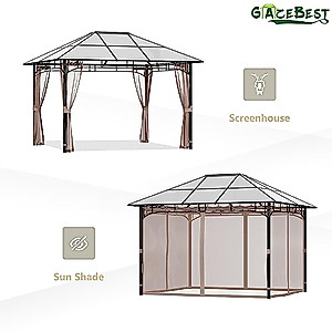 LATTOY 10' X 12' Permanent Hardtop Gazebo, Outdoor Polycarbonate Roof Pavilion Pergola Canopy for Patio, Garden