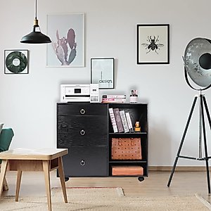 EasyPAG Mobile Filing Cabinet 3 Drawer Wood Lateral File Cabinet and 2 Open Shelf for Documents, Paper,Hanging File Folders, Black