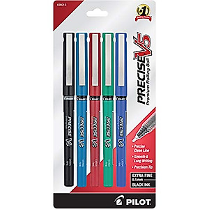 PILOT Precise V5 Stick Liquid Ink Rolling Ball Stick Pens, Extra Fine Point (0.5mm) Black/Blue/Red/Green/Purple Inks, 5-Pack (26013)