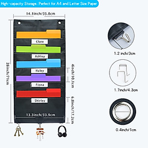 5 Pocket Hanging File Organizer, Wall Hanging File Folder Paper Storage Organizer for Office Classroom Home Organization, Pocket Chart with 3 Wire Hook, 2 Over Door Hanger and 10 Funny Paper Clip