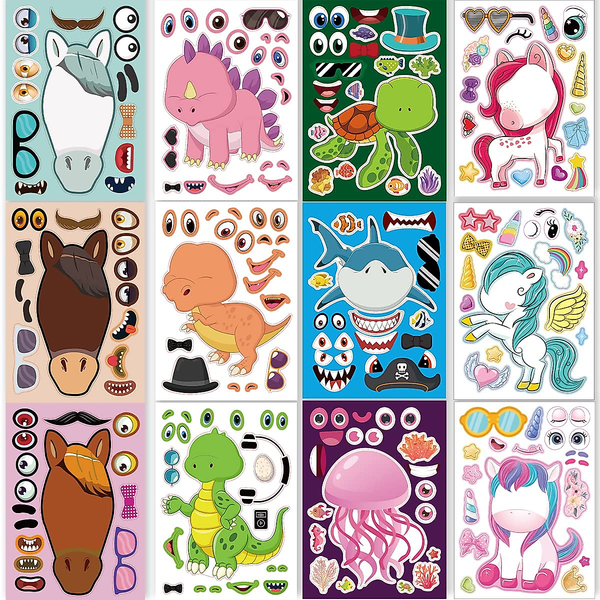 24 Sheets 8.27''×5.9'' Make Your Own Stickers for Kids Toddlers, Make a Face Stickers Mix and Match with Unicorns Dinosaur Horse and Sea Animals for Kids Party Favors Activities