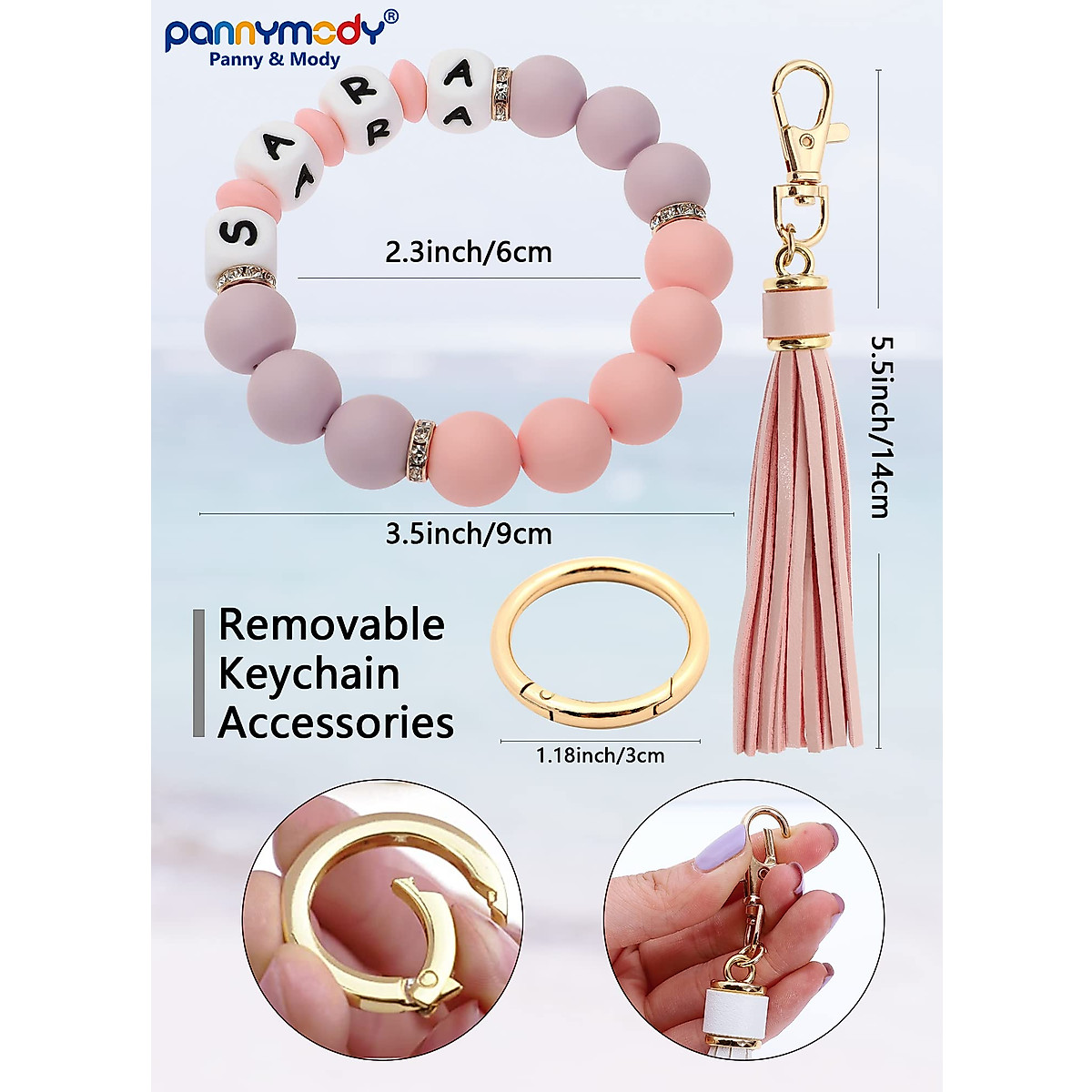 Panny&Mody Silicone Beaded Bracelet Keychain Wristlet,Personalized Keychain Wristlet Key Ring Holder with Zircon Leather Tassel(Pearl+White)