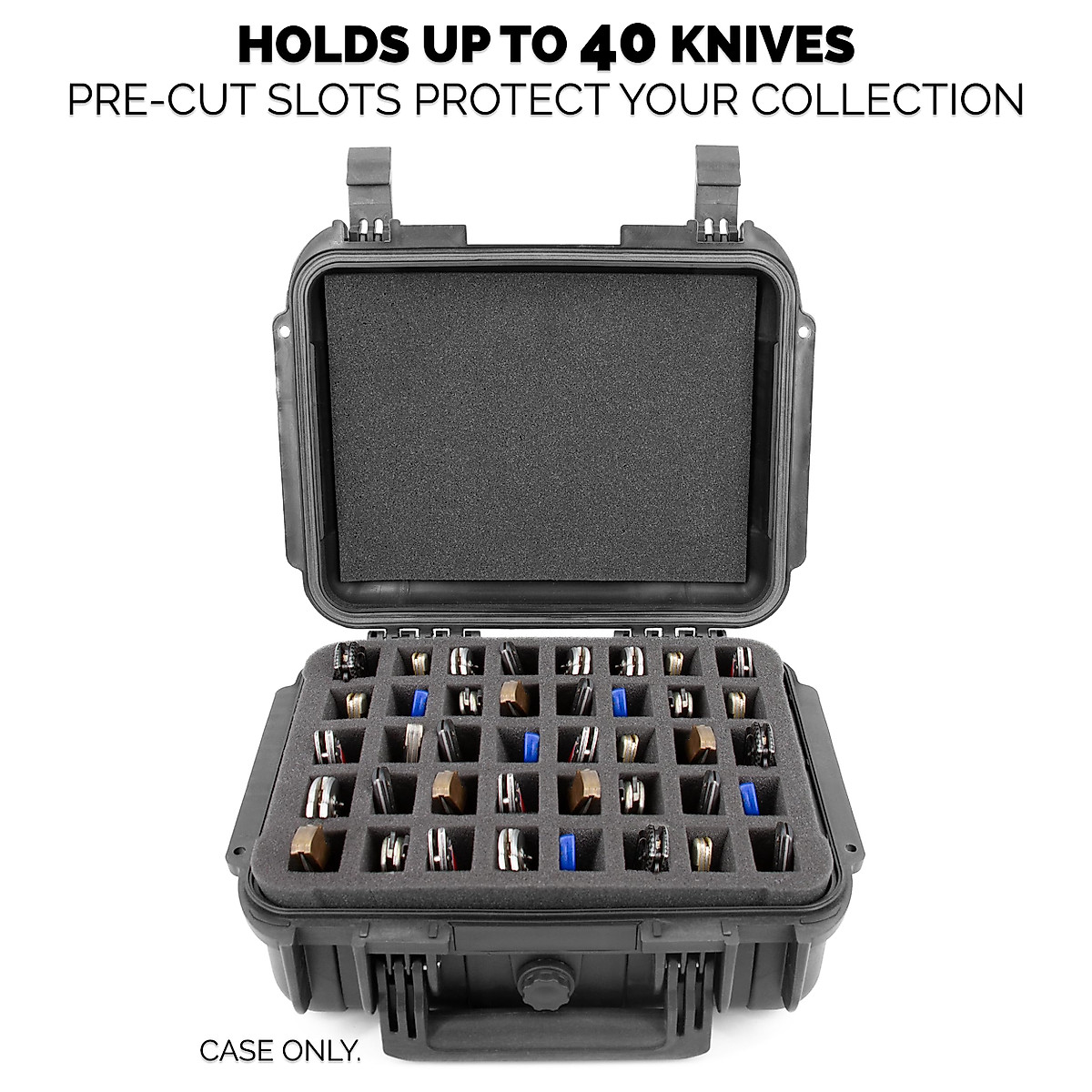 CASEMATIX 40 Folding Knife Case - Waterproof Pocket Knife Holder and Knife Box Organizer Fits 40 Folding Knives, Swiss Army Knives & More Up To 5" Folded in Lockable Knife Storage Case