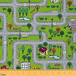 Feelyou Cartoon Car Road Fabric by The Yard, Kids Cars Vehicles Race Track Upholstery Fabric for Chairs Sofa Couch, Street Roadway Activity Outdoor Fabric Waterproof, 1 Yard, Gray Green