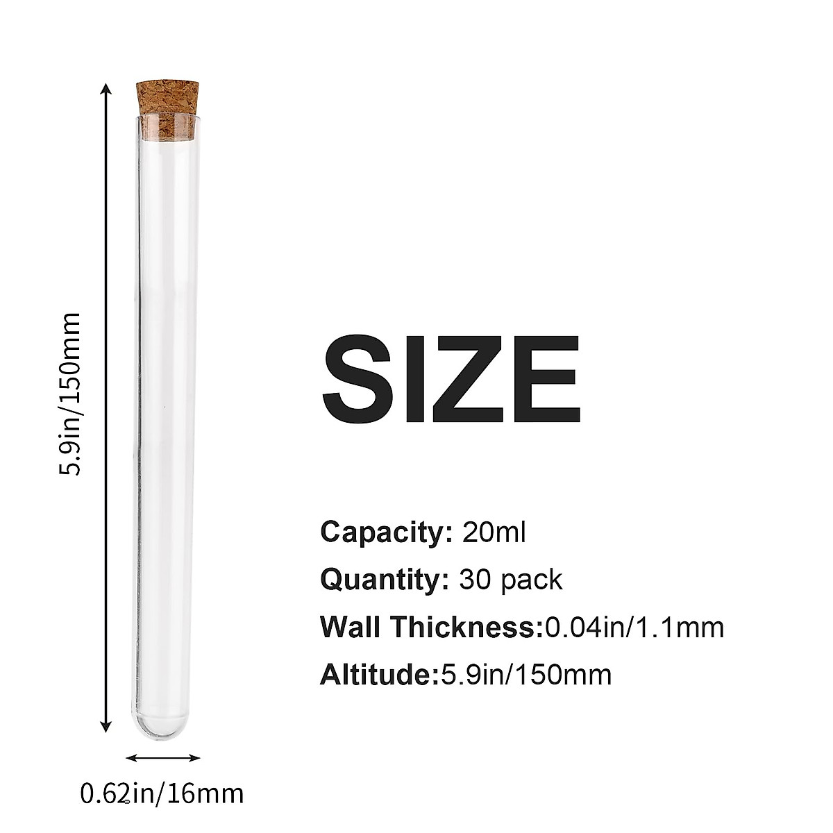 30 Covered Plastic Test Tubes - Small Plastic Tubes, 20ml Transparent Plastic Tubes with Cork Stoppers, Small Transparent Plastic Tube Containers for Solid and Liquid Storage (30, 16mm*150mm)