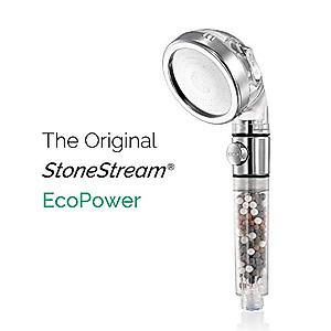 Original StoneStream EcoPower High Pressure Handheld Shower Head with ON OFF switch- 3 Spray Settings with Hose, Wall Adapter and Replacement Beads