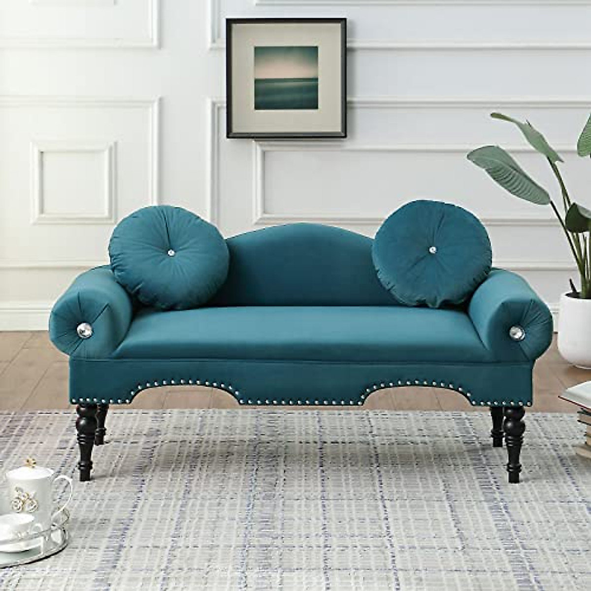 GNIXUU 54” Modern Small Loveseat Sofa, Mid Century Love Seat Couch Settee Velvet Tufted 2 Seater Couches Bedside Entryway Bench with 2 Pillows Nailhead Trim for Bedroom, Living Room(Teal)