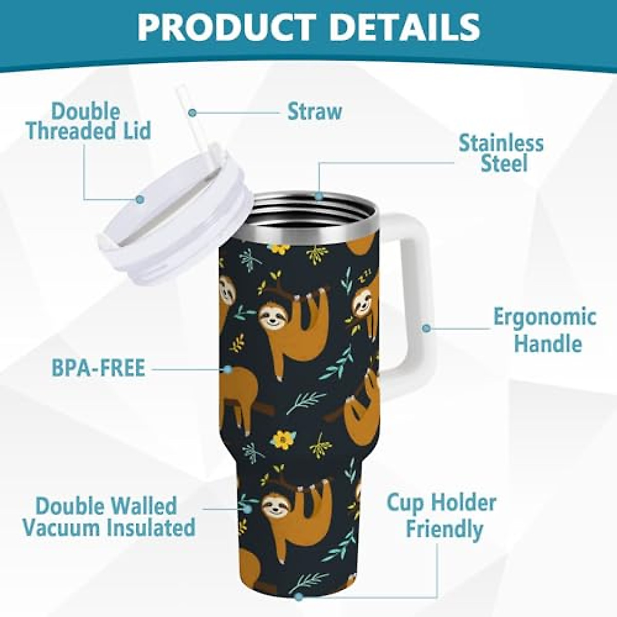 MCHIVER Cute Sloth 40 oz Tumbler with Handle and Straw Stainless Steel Vacuum Water Bottle Leak-proof Travel Coffee Mug Insulated Water Bottle for Office Home Car