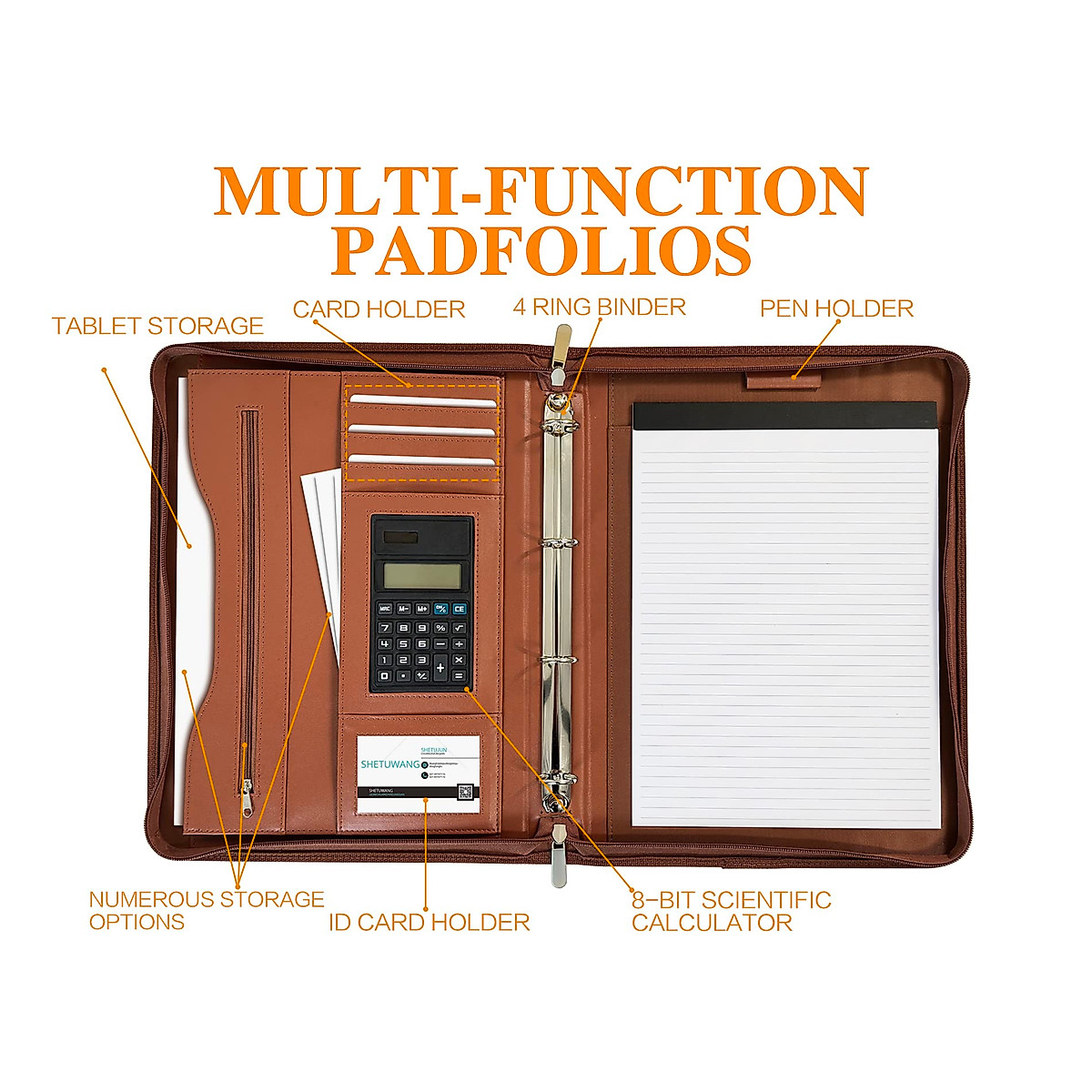 Portfolio Binder Organizer PU Leather Padfolio with 4 Ring Binder & Handle Zipper Padfolio for Documents Resume Tablet Business Cards Notebook Organizer Solar Calculator Included (Brown 4-Ring)