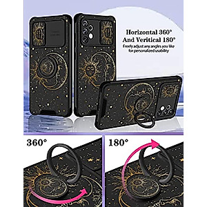 Goocrux (2in1 for Samsung Galaxy A32 5G Case Sun and Moon Women Girls Cute Stars Space Phone Cover with Slide Camera Cover+Ring Holder Fashion Golden Print Design Cases for Galaxy A 32 6.5''