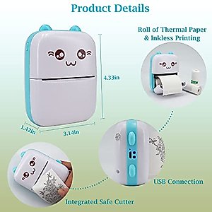 Vicbear Mini Pocket Printer, Portable Thermal Printer with 8 Rolls Printing Paper, Bluetooth Wireless Tiny Printer for Photos/Stickers/Labels/Notes/Receipts, Compatible with iOS and Android, Blue