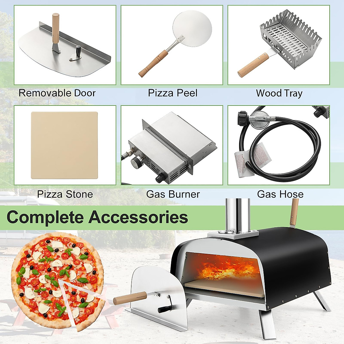 Giantex Pizza Oven Outdoor, Propane and Wood Fired Pizza Maker with 13" Pizza Stone, Pizza Peel, Gas Burner with Regulator, Built-in Thermometer, Portable Pizza Oven for Camping Backyard Party