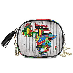 ALAZA Women's Africa Continent Flag Map Wood Cross Body Bag Chain Shoulder Handbag Purse with Tassel