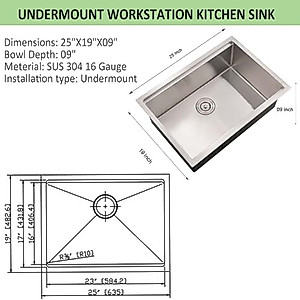 25 Inch Undermount Kitchen Sink Stainless Steel -Wesliv 25x19 Inch Undermount Workstation Kitchen Sink 16 Gauge Deep Single Bowl Undermount Kitchen Sink with Cutting Board