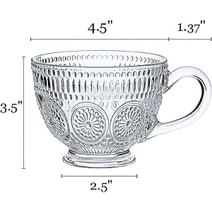 Kingrol Glass Coffee Mugs with Handles, 6 Pack 12.5 Ounces Embossed Tea Cups, Vintage Drinking Glassware for Water, Milk, Latte, Cappuccino, Dessert, Beverage