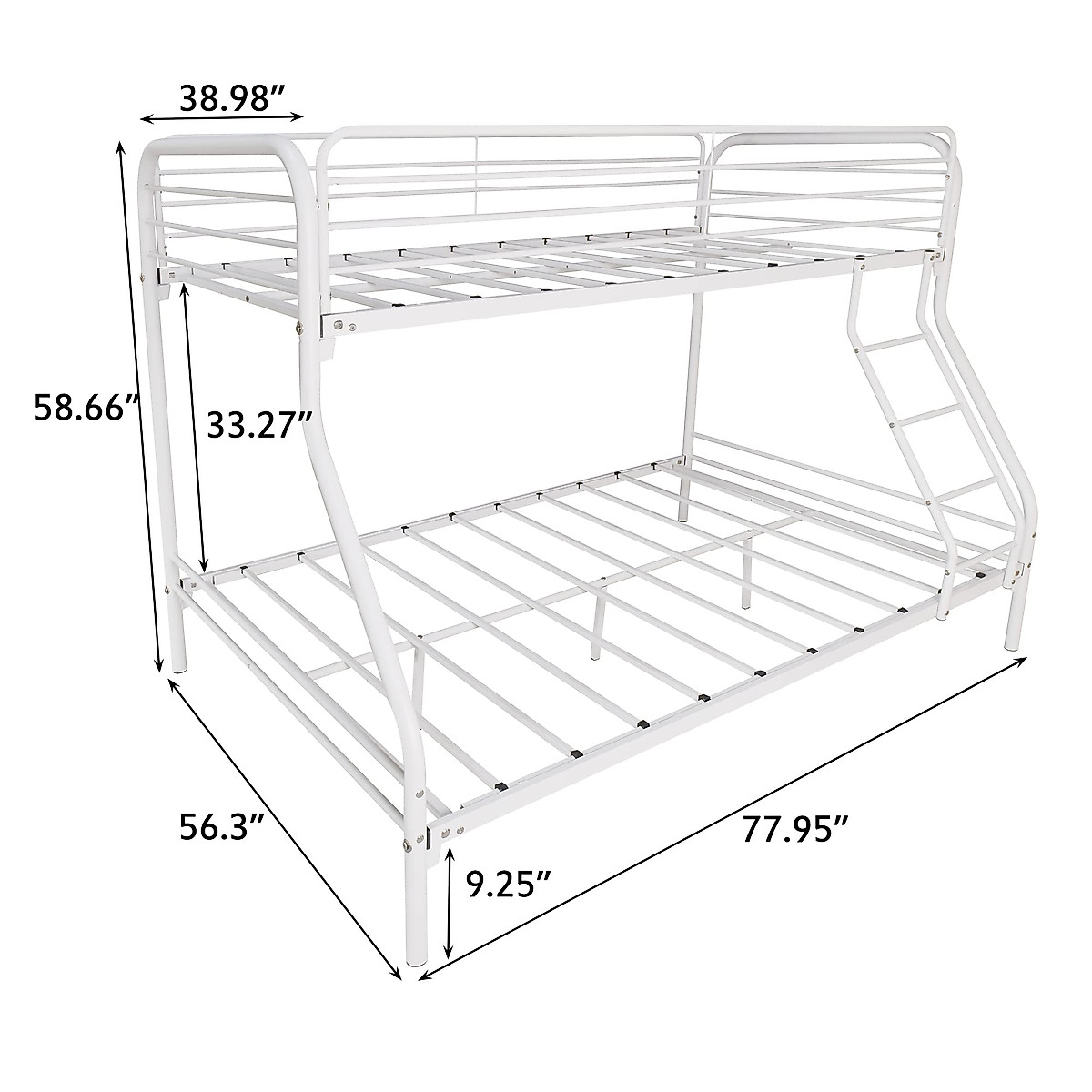 Miscoos Heavy Duty Twin-Over-Full Metal Bunk Bed, Easy Assembly, Enhanced Guardrail, Powder Coated, White, 77.95" L x 56.3" W x 58.66" H