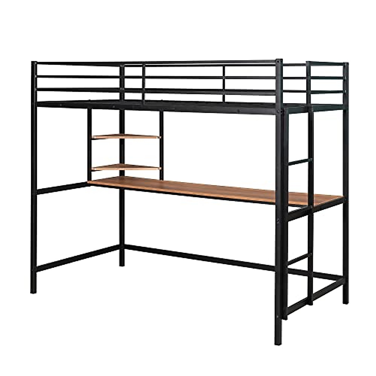 RORIGAT Twin Size Metal Loft Bed with Desk and Two Shelves Space-Saving Solution for Kids,Black