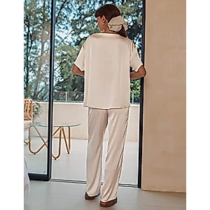 Ekouaer Womens Silk Satin Pajamas Set Short Sleeve Top Summer Soft Two Piece Pjs Silky Sleepwear Nightwear Silk Lounge Set Champagne S