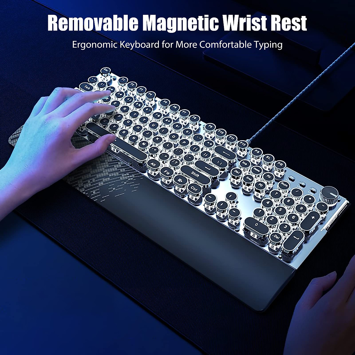 TISHLED Typewriter Keyboard Mechanical Gaming Keyboard White LED Backlit Removable Magnetic Wrist Rest Multifunction Knob 104-Key Anti-Ghosting Black Switch Retro Steampunk Round Keycaps Wired USB