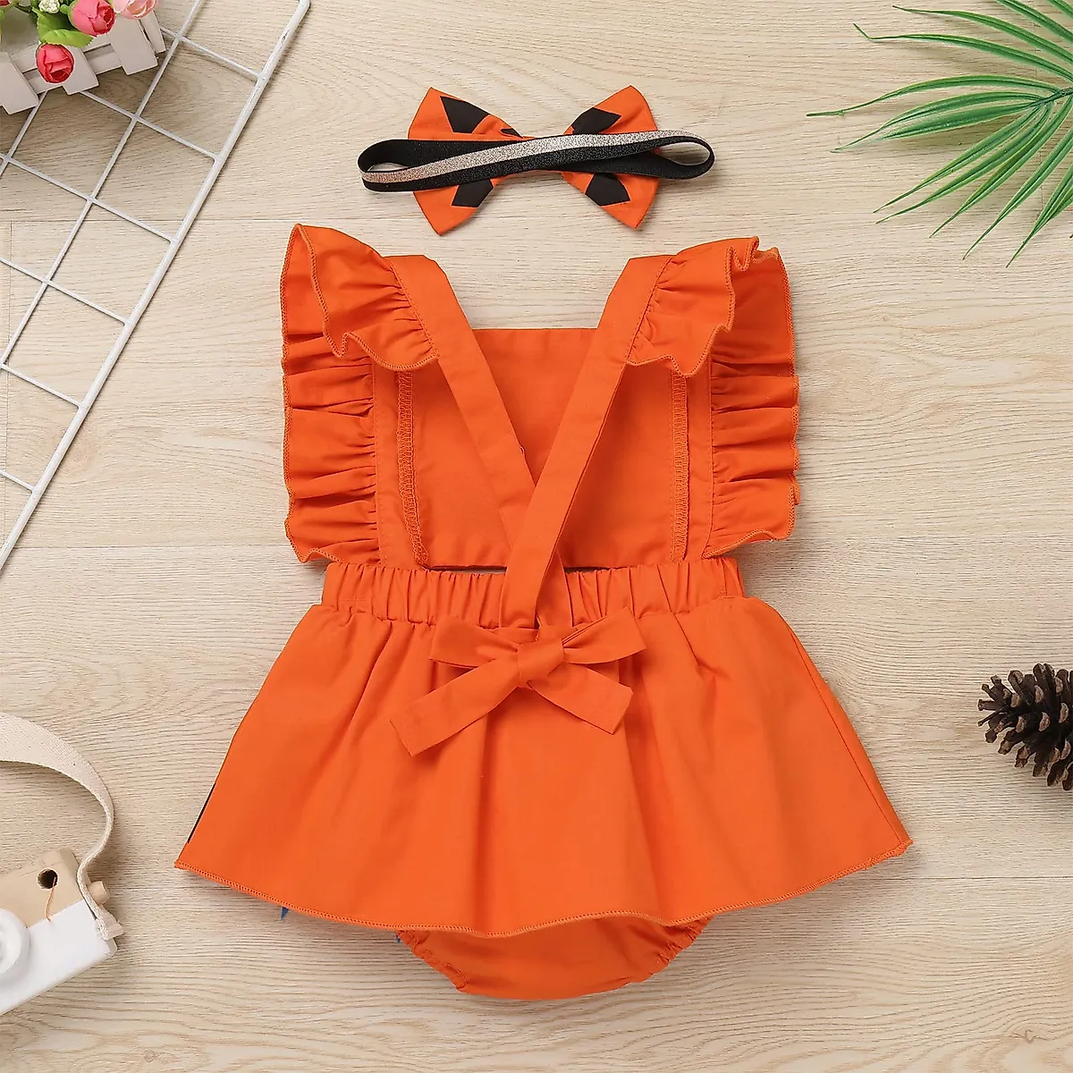IBAKOM Baby Girl Romper Dress Toddler Cake Smash Outfit First Birthday Outfit Bubble Bodysuit One Piece Cavegirl Easter Clothes Baptism Halloween Christmas Onesie Orange-Dress (2PCS) 18-24 Months