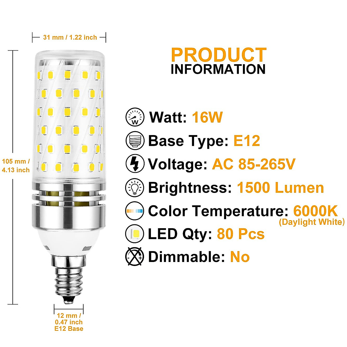 E12 LED bulb,16W candelabra LED light bulb,daylight white 6000K,100 Watt equivalent incandescent light bulbs,ceiling fan light bulbs,LED chandelier bulbs,1500lm LED bulbs,Non-dimmable E12 bulb,4 Pack