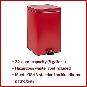 McKesson Trash Can with Plastic Liner, Steel, 8 Gallon / 32 Quart, Red, 1 Count