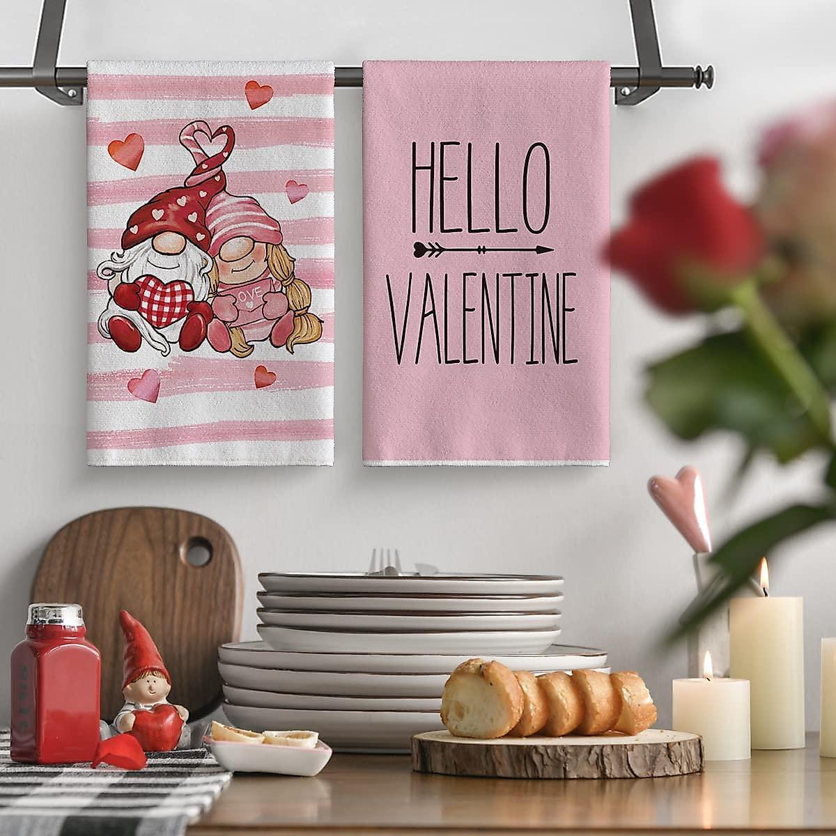 Artoid Mode Pink Stripes Gnomes Happy Valentine Kitchen Towels Dish Towels, 18x26 Inch Seasonal Valentine's Day Decoration Hand Towels Set of 2