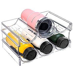 Puricon Stackable Water Bottle Organizer for Cabinet, Clear Bottle Storage Rack Plastic Bottle Holder for Insulated Sports Flask Kids Bottles Travel Mug Tumbler Organizer for Kitchen Pantry -2 Pack