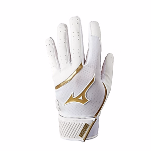 Mizuno MVP Adult Baseball Batting Glove, White-Gold, Large