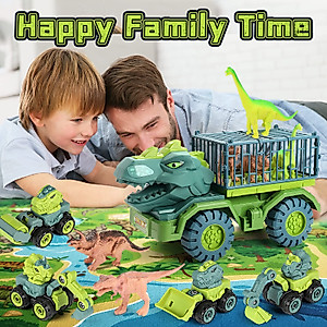 Dinosaur Carrier Truck Toys: burgkidz Kids Transport Playset with 4 Take-Apart Dino Cars & 3 Realistic Dinos Figures, Excavator Toy, Friction Powered Cars Toy Gifts for Kids Boys Girls 3 to 5 Years