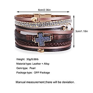 Hutou Leather Wrap Bracelet Boho Cuff Bracelets for Women Crystals Cross Bracelet Jewelry Gifts for Her Beige