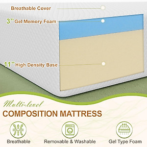 14 Inch Queen Mattress, Gel Memory Foam Queen Size Mattress, Pressure Relieving, Cooling Gel Foam, Queen Mattress in a Box, Certipur-Us Certified, Bed-in-a-Box, Queen, 80"L x 60"W x 14"Th,White
