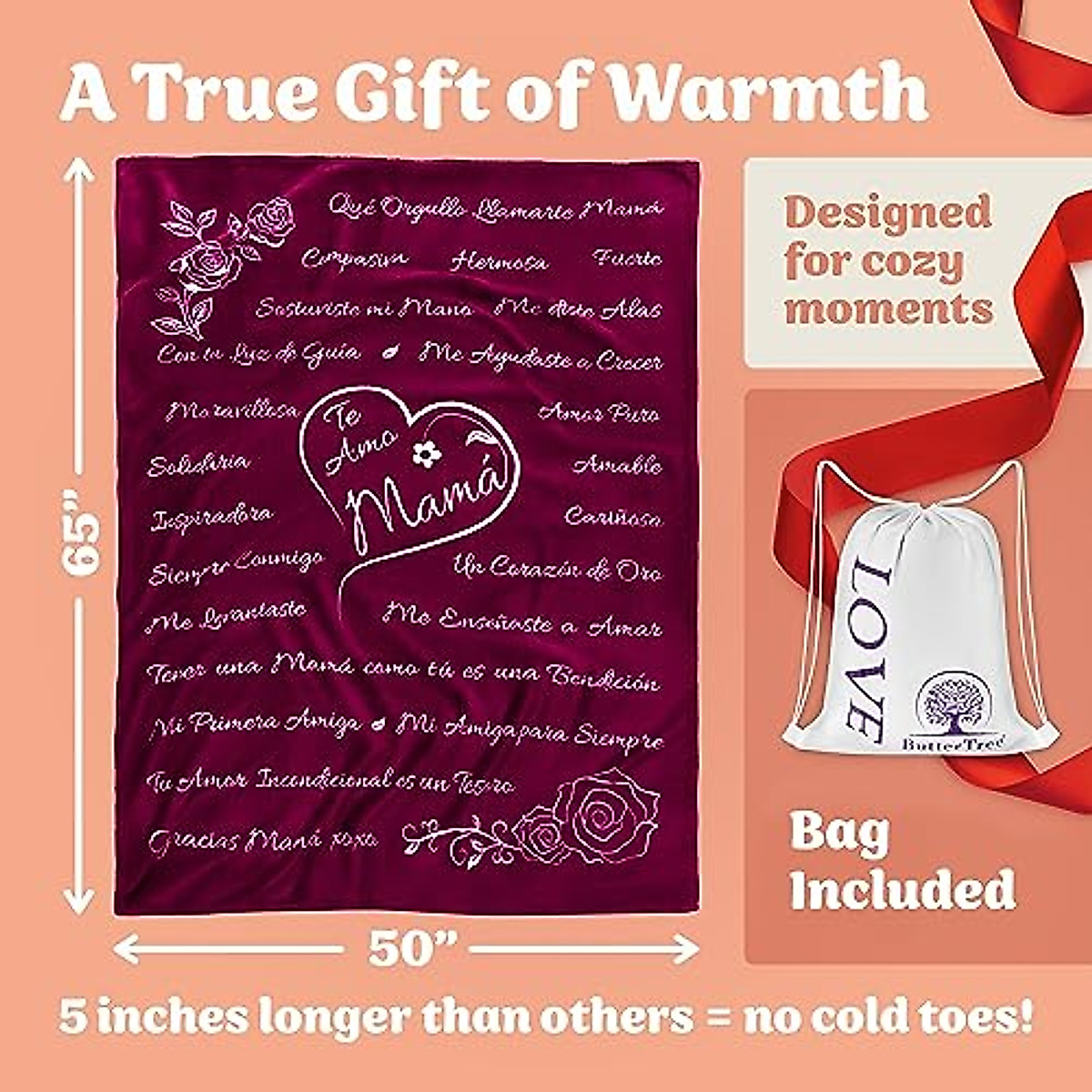 Regalos para Mama, Blanket for Mom Gifts, Mom Birthday Gifts from Daughter, I Love You Mother Daughter Gift Ideas, Present for Mom Blanket, Best Mother in Law, Throw Blanket 65" × 50" (Merlot Red)