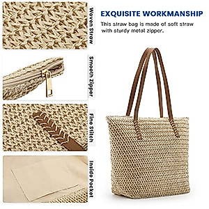 MABROUC Straw Bag, Straw Beach Bag for Women and Girls, Large Woven Summer Tote Handbag Shoulder Bag for Outdoor Vacation(Medium, beige)